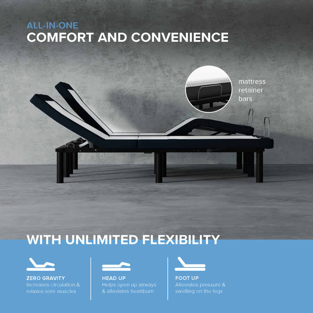 ZZZEN E3 ZERO CLEARANCE ADJUSTABLE BED FRAME WITH WIRLESS REMOTE